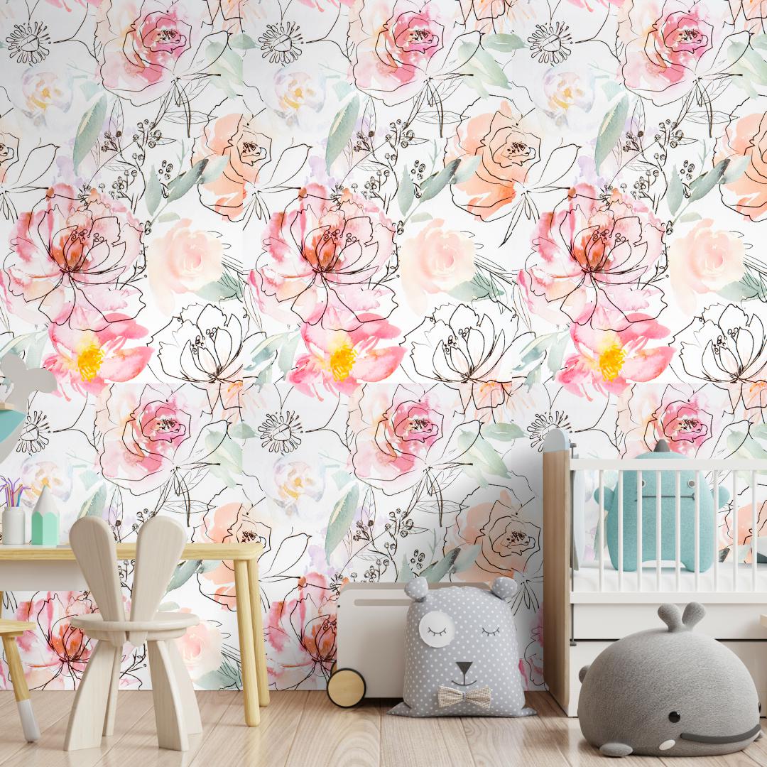 Doodad Floral Pattern Self-Adhesive Multicolor Pink Wallpaper